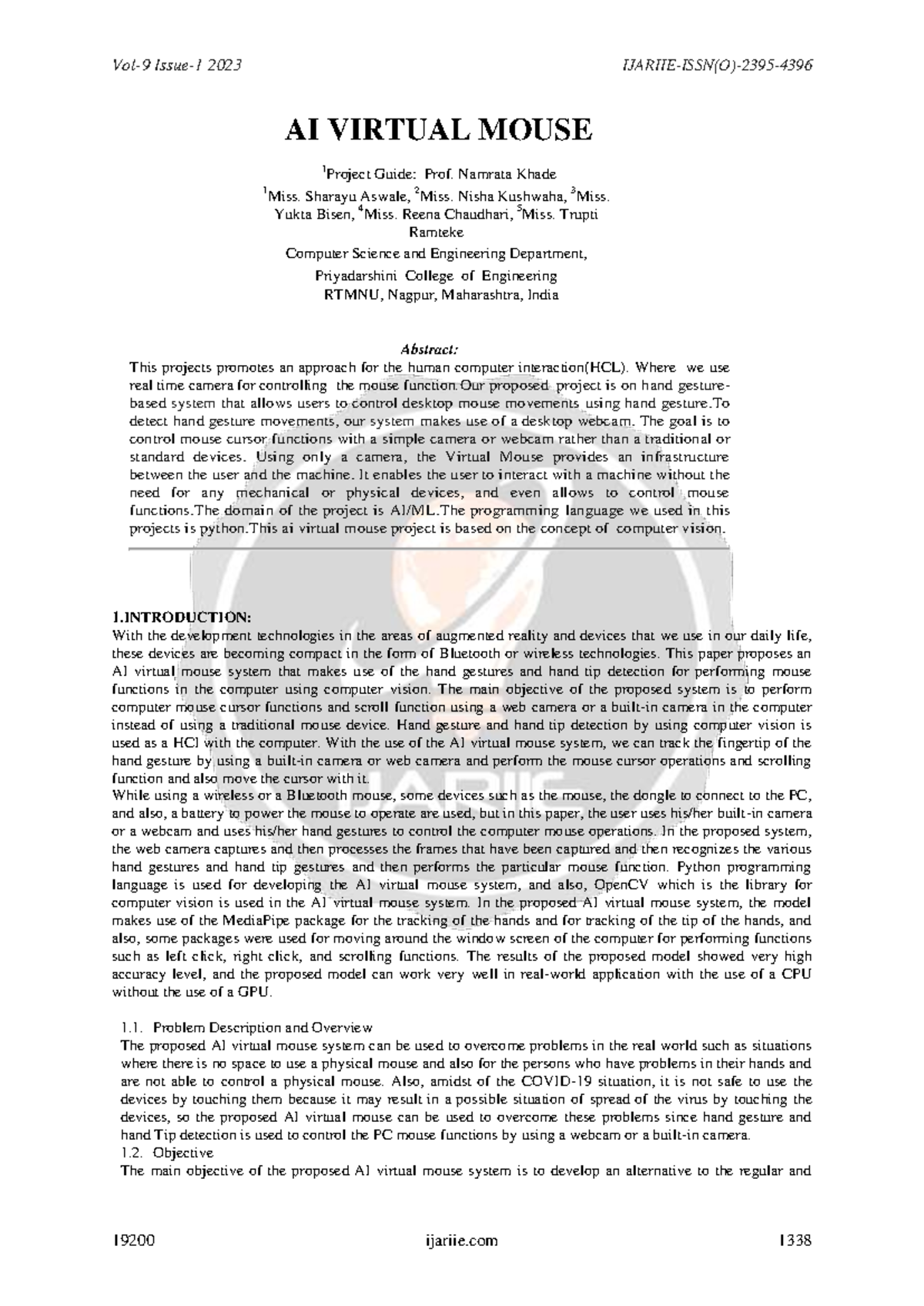 AI Virtual Mouse ijariie 19200 - AI VIRTUAL MOUSE 1 Project Guide: Prof ...