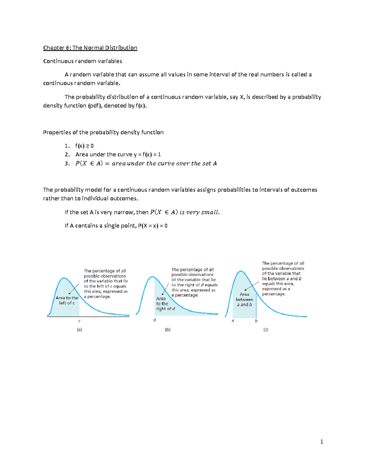 Chapter 6 Notes - Chapter 6: The Normal Distribution Continuous random ...