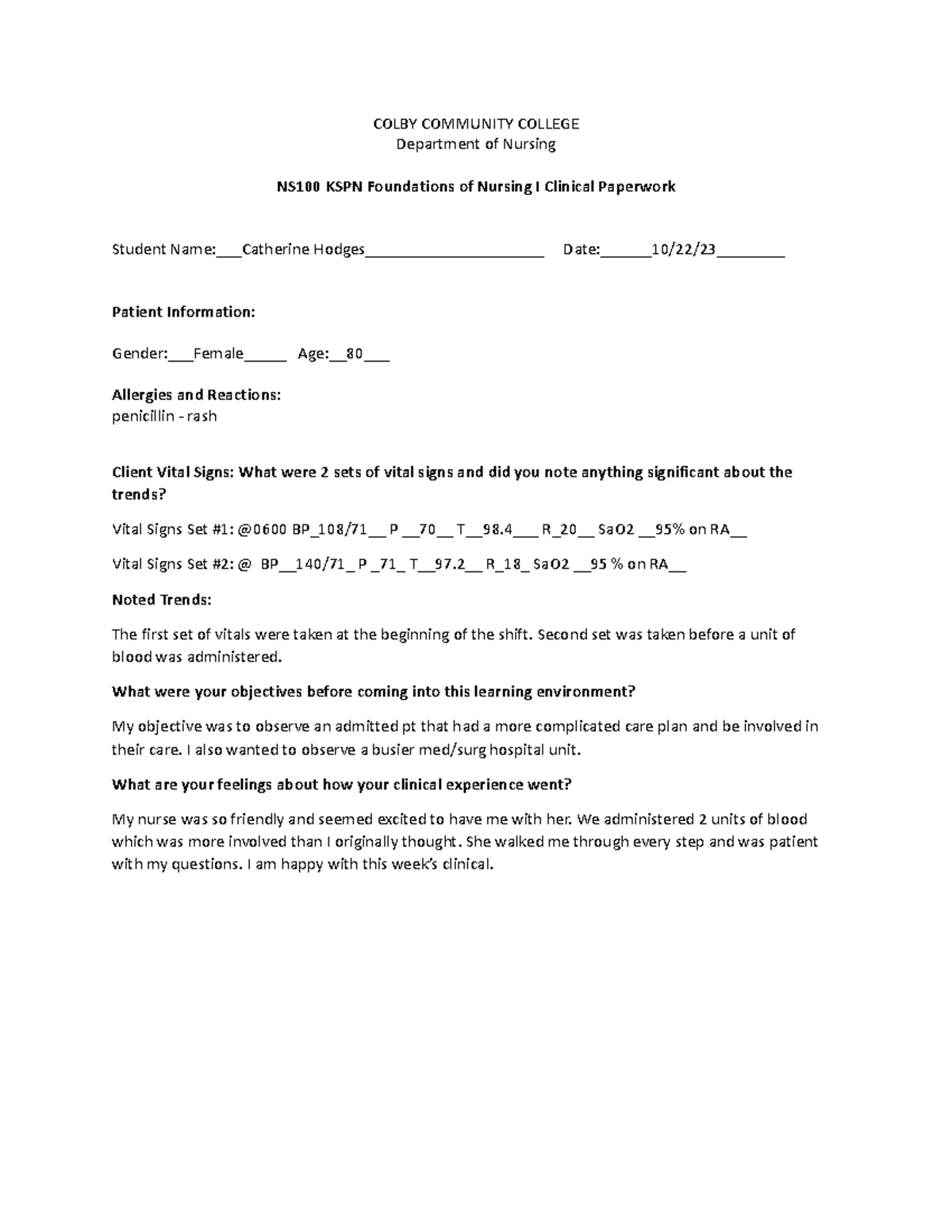 Clinical paperwork - COLBY COMMUNITY COLLEGE Department of Nursing ...