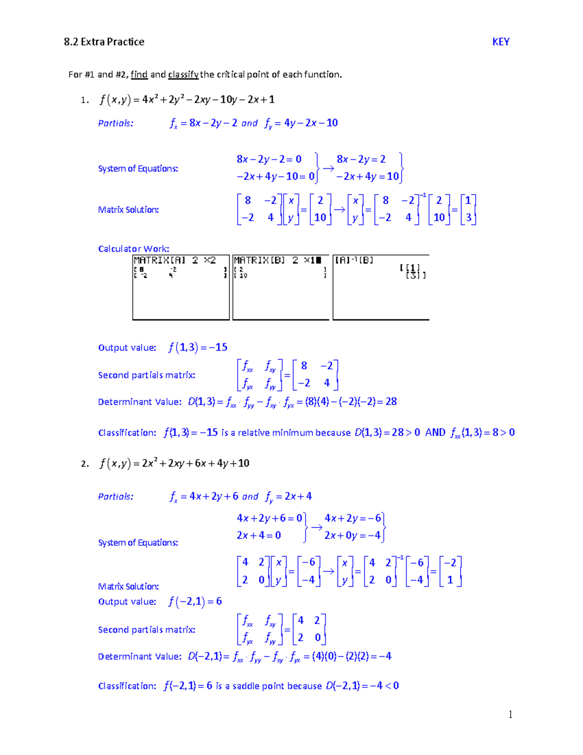8.2 EXTRA PRACTICE - 1 8 Extra Practice KEY For #1 and #2, find and ...