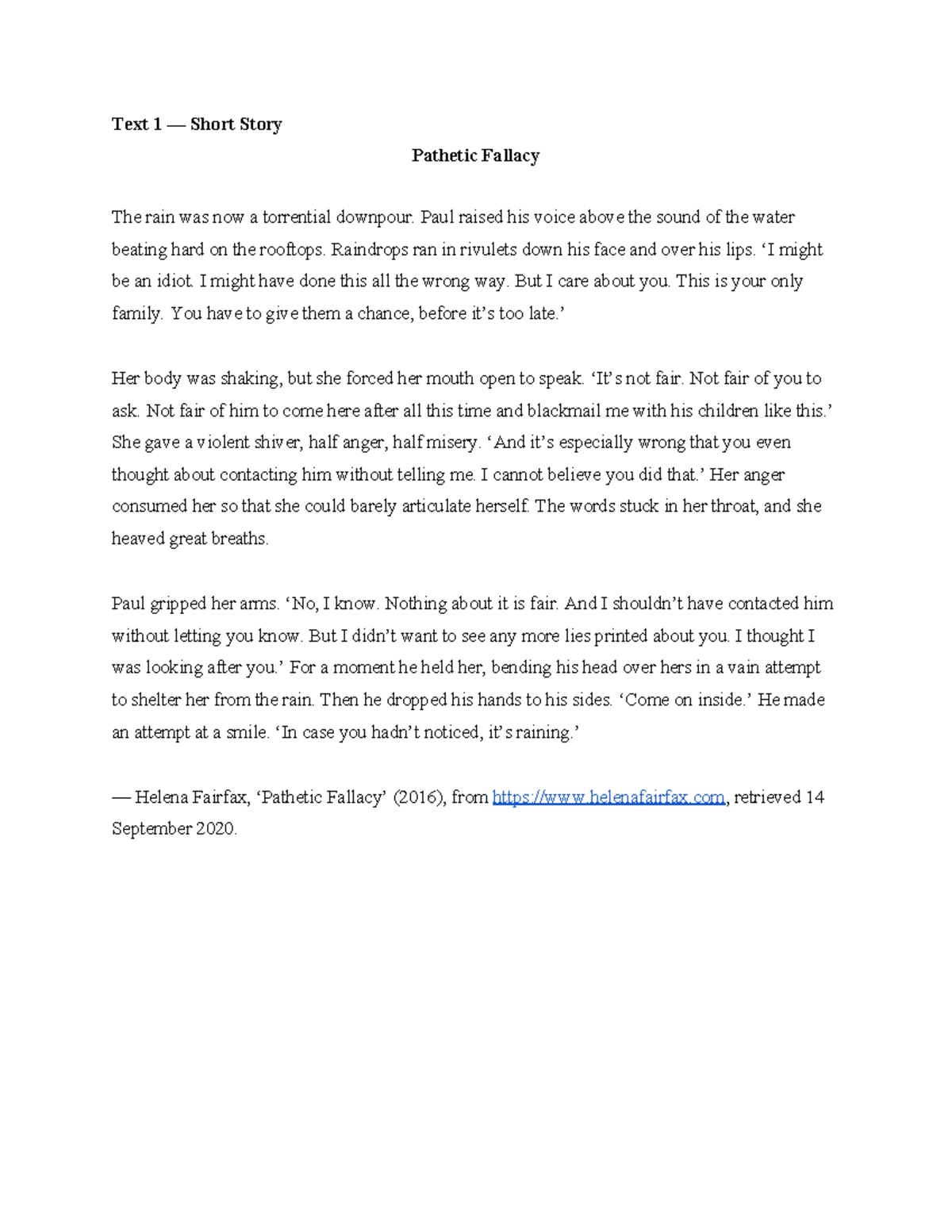 SUT COM01 - Stimulus Booklet - Text 1 — Short Story Pathetic Fallacy ...