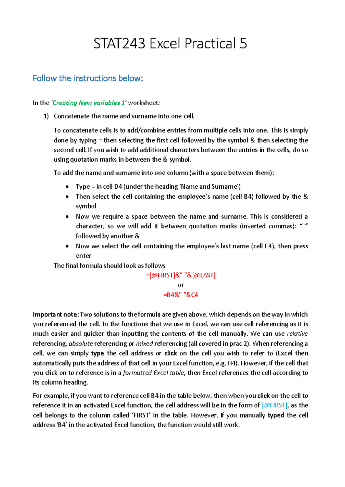 5. STAT243 Excel Practical 5 Instructions - STAT243 Excel Practical 5 Follow the instructions ...