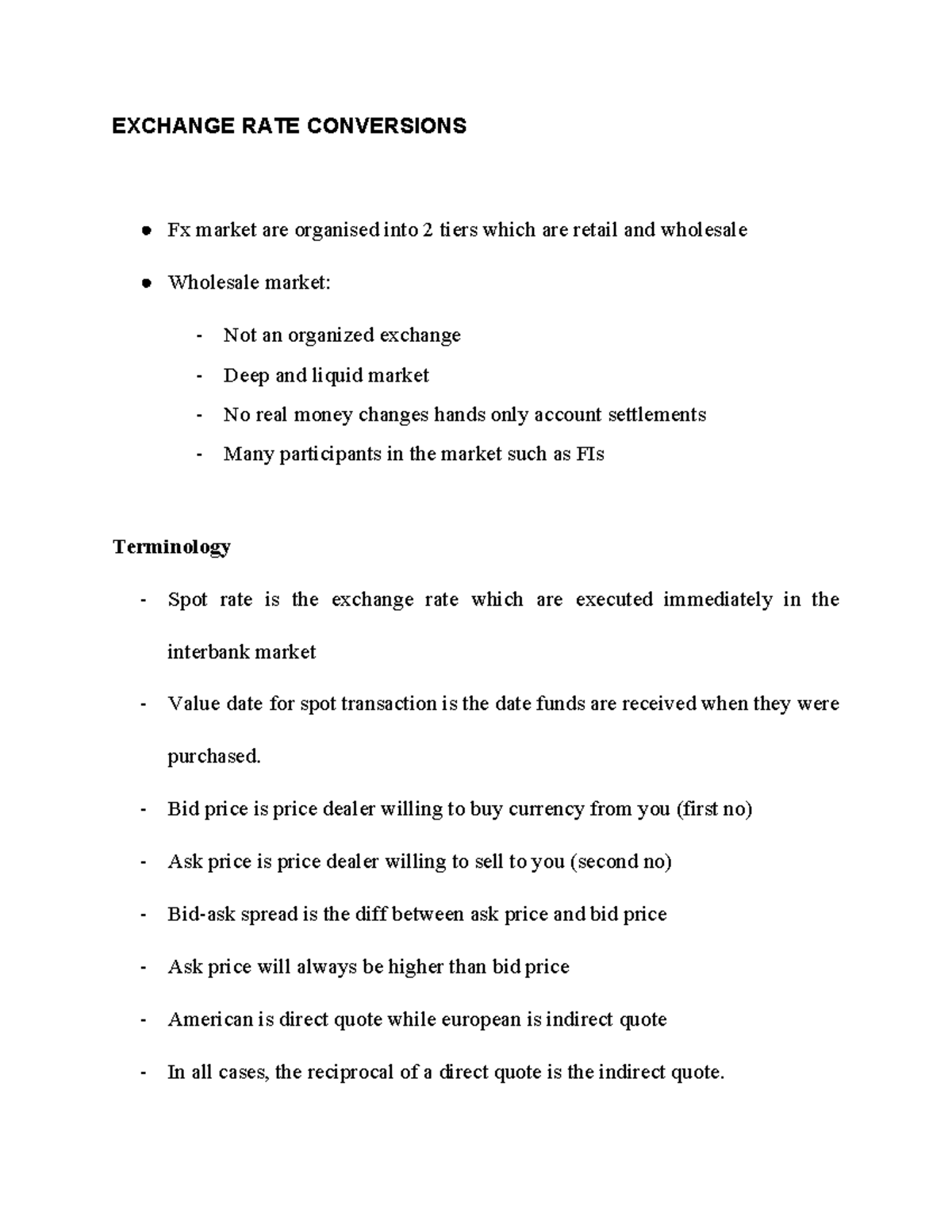 FINM3403 Midsem 1-3 - Notes - EXCHANGE RATE CONVERSIONS Fx market are ...