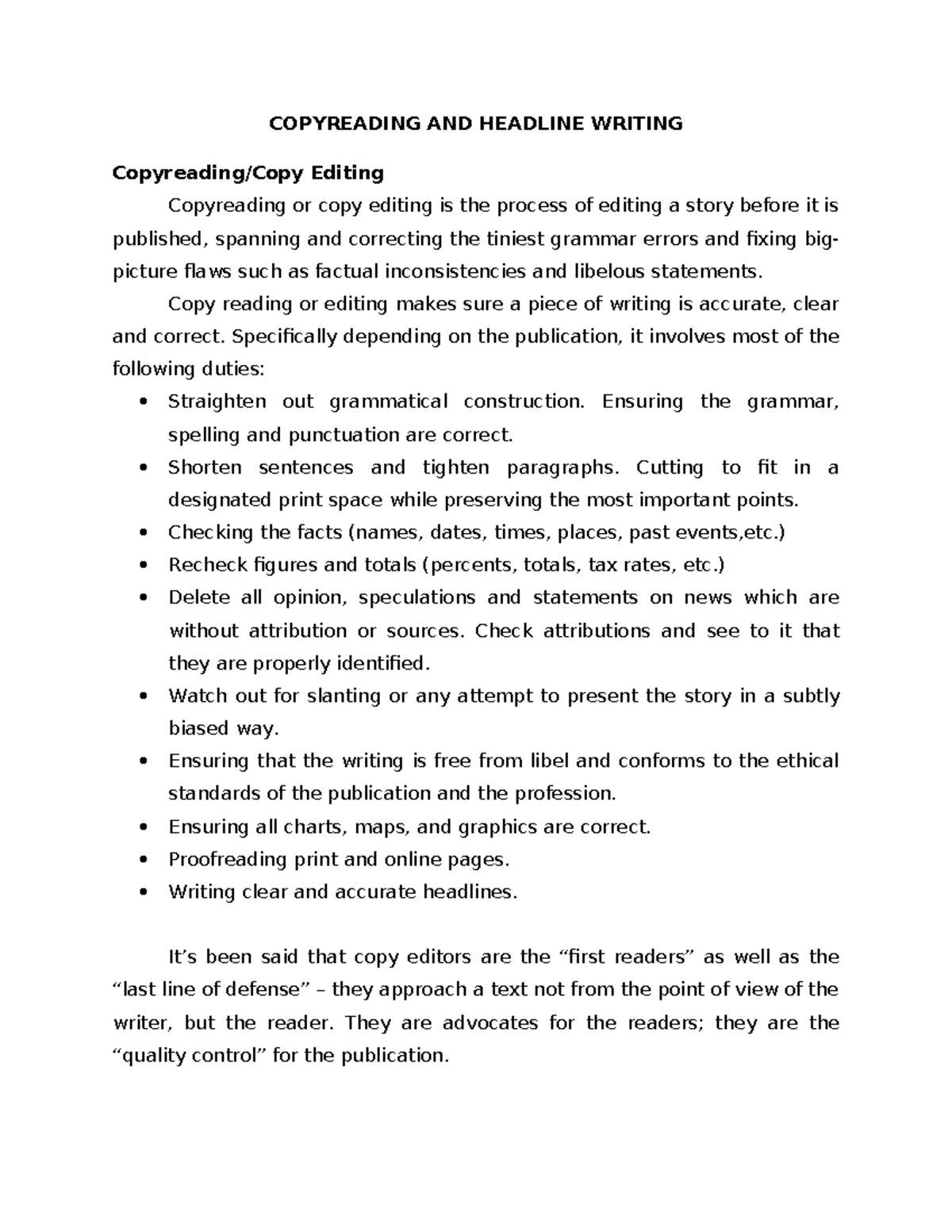 Copyreading AND Headline Writing Presentation - COPYREADING AND ...