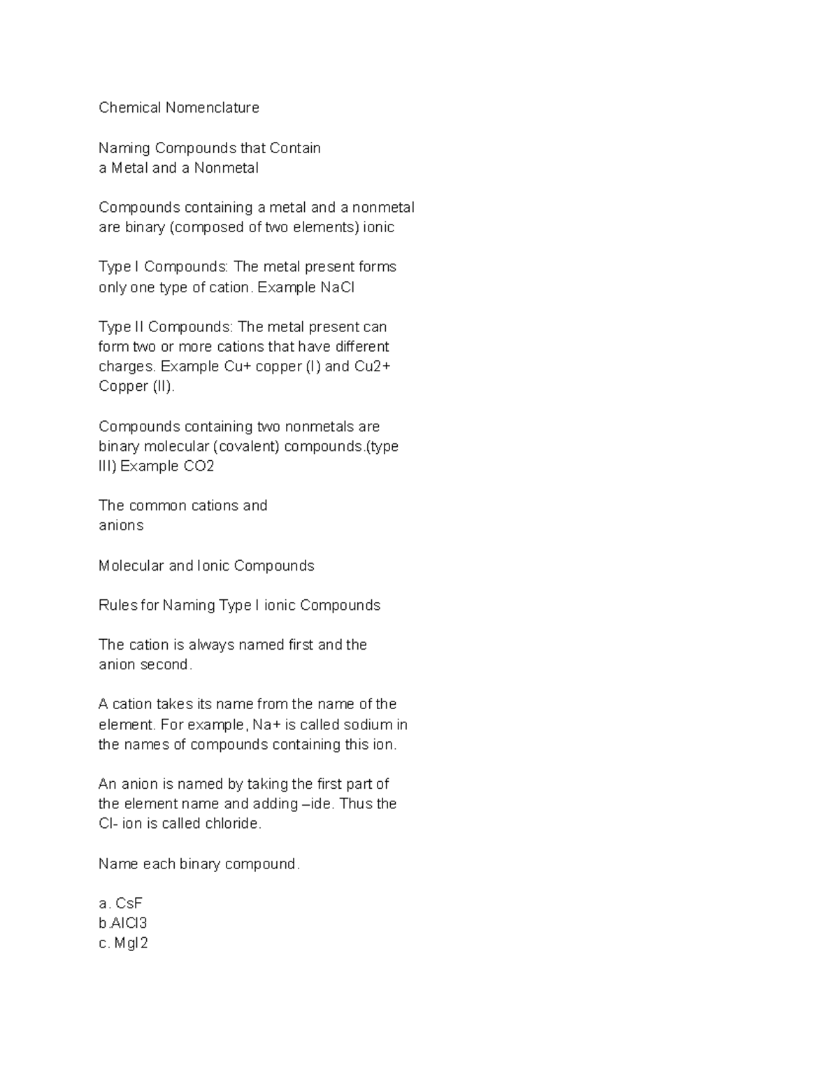 Chemical Nomenclature Notes CHEM 101 - Chemical Nomenclature Naming ...