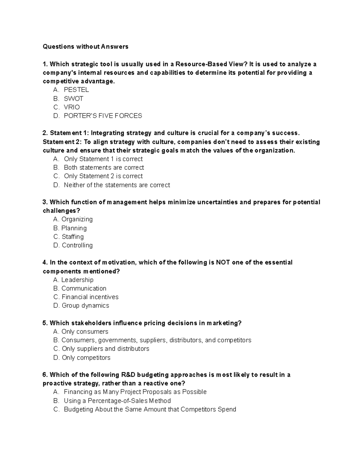 Group 4 Questions without Answers - Questions without Answers Which ...