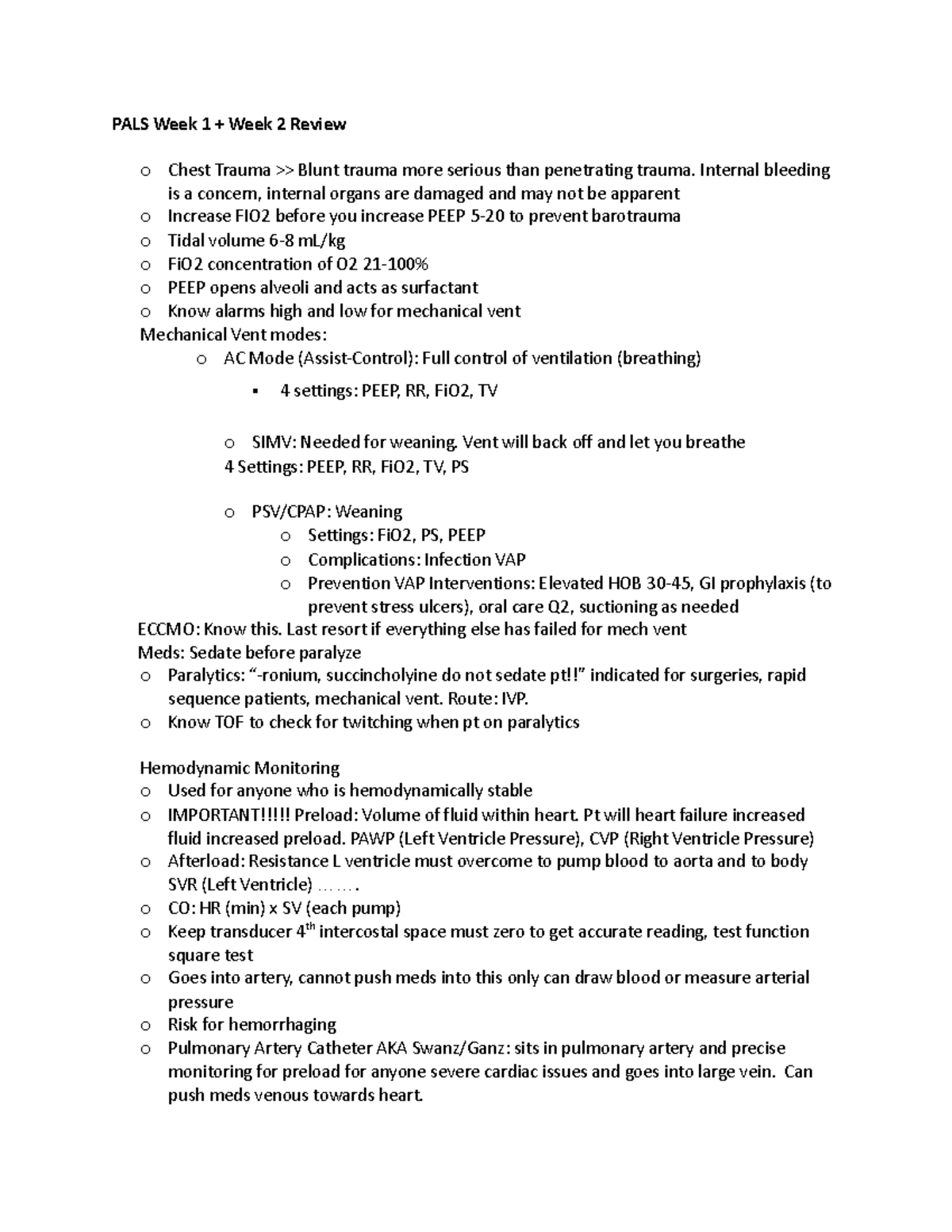 PALS-Week-12 - paaal - PALS Week 1 + Week 2 Review o Chest Trauma ...