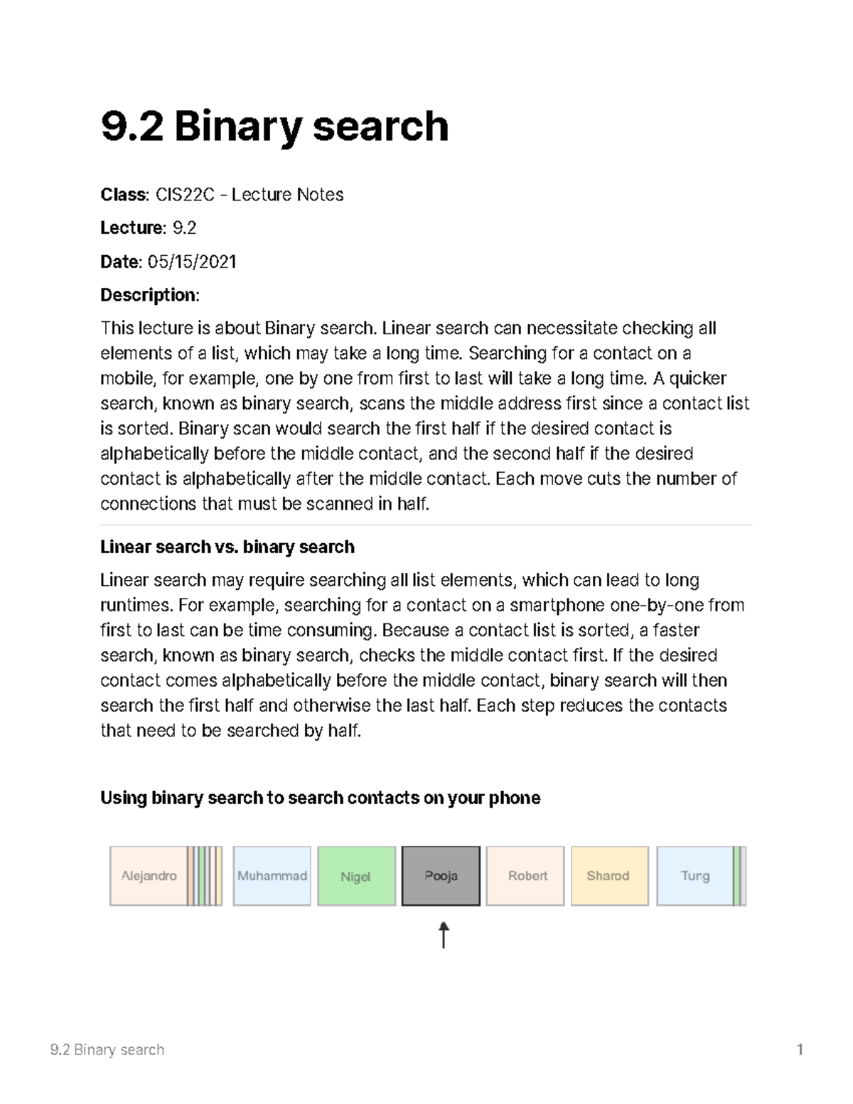 9.2 Binary search - 9 Binary search Class : CIS22C - Lecture Notes ...