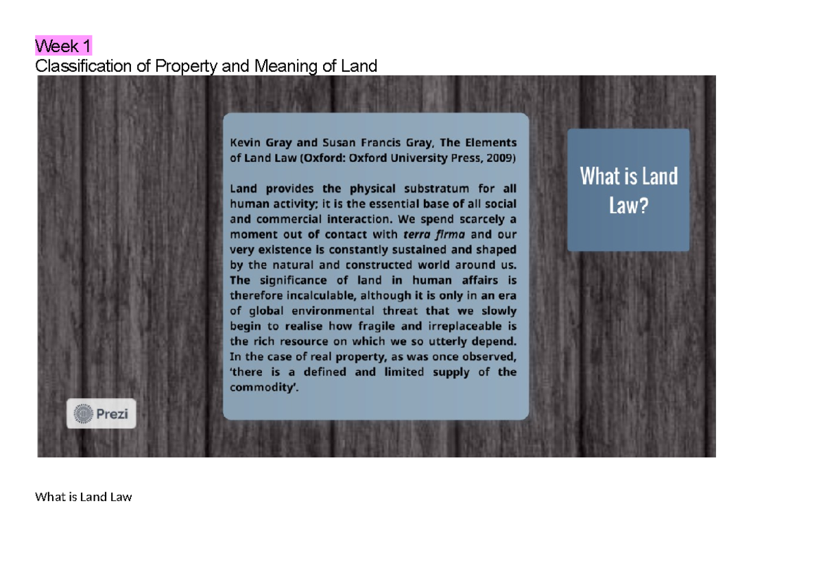 Week 1- Land Law - notes - Week 1 Classification of Property and ...