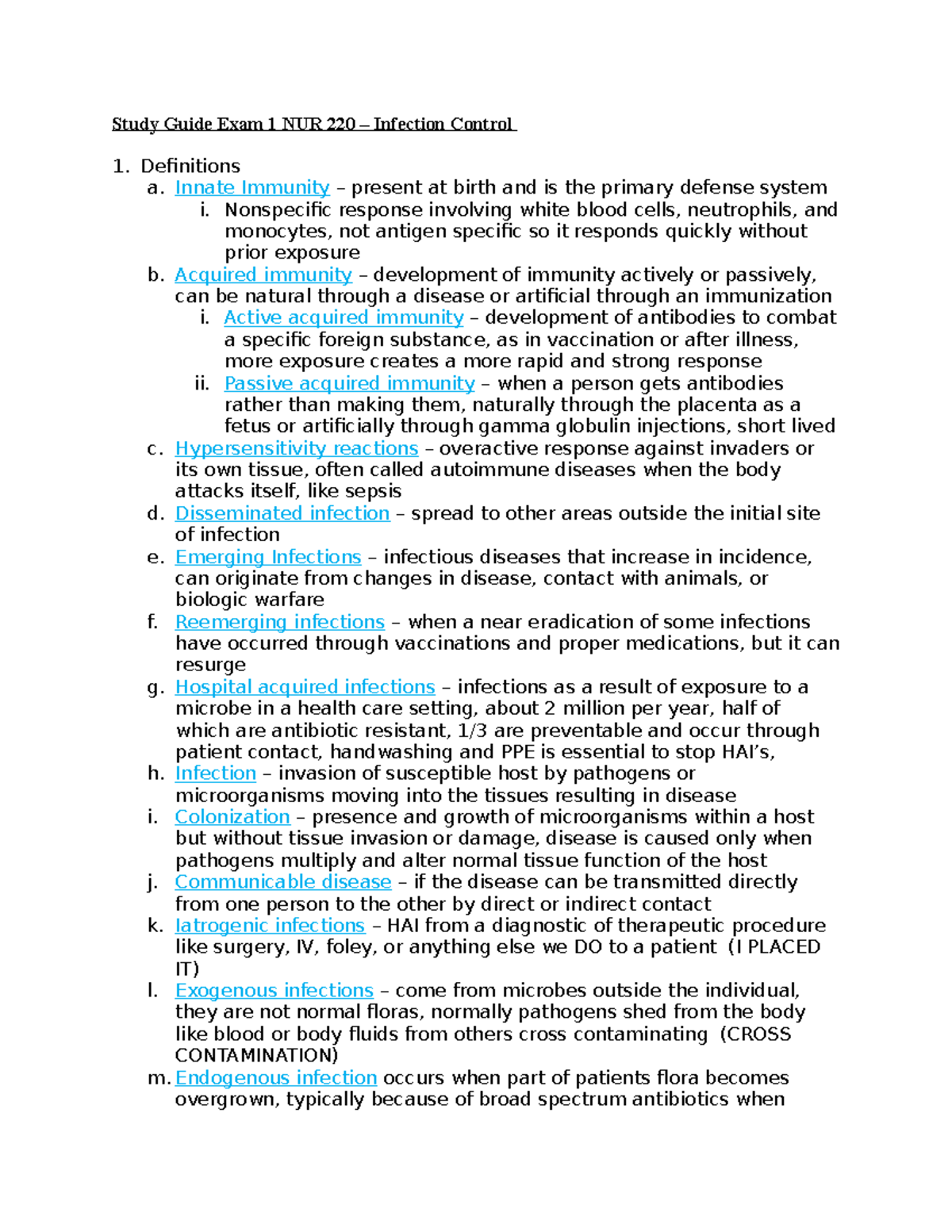 Exam 1 Study Guide Infection Control Study Guide Exam 1 NUR 220