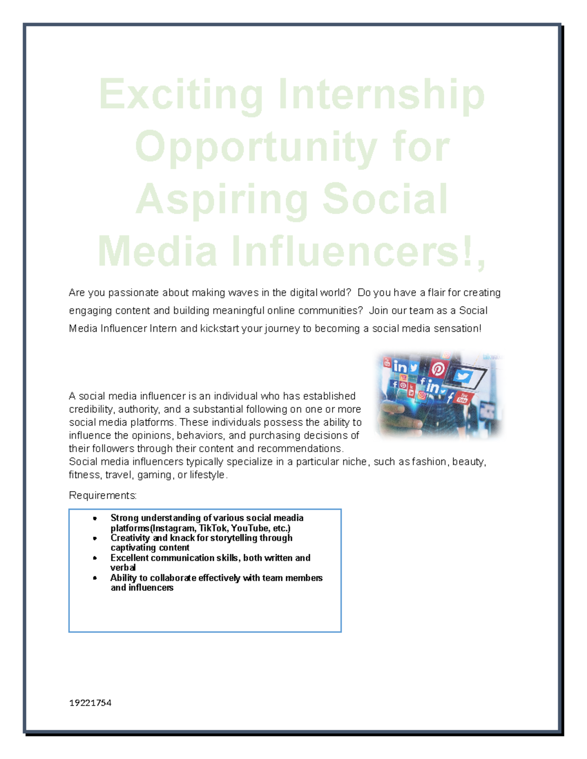 EUP1501-MS Word Assignment 2-19221754 - Exciting Internship Opportunity ...