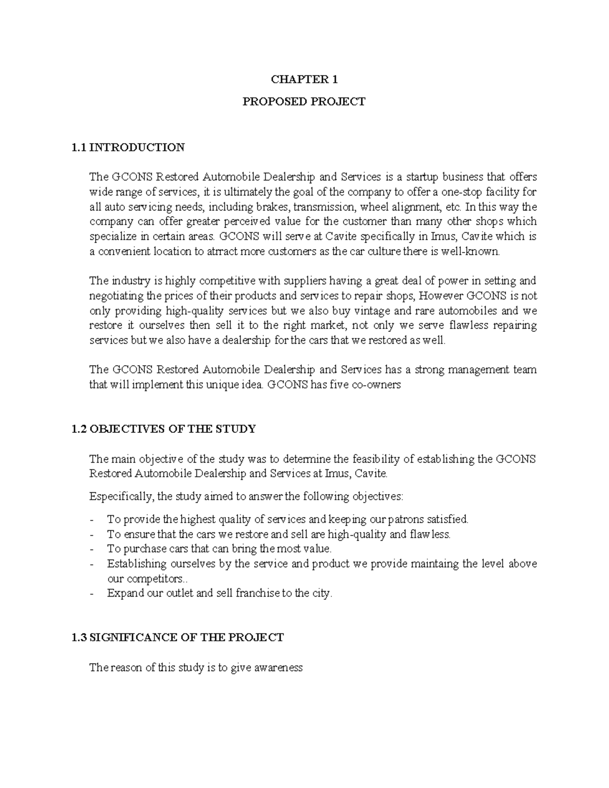 Business Plan Gcons - CHAPTER 1 PROPOSED PROJECT 1 INTRODUCTION The GCONS Restored Automobile ...
