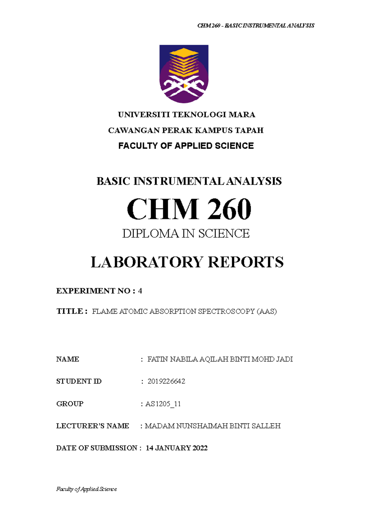 CHM 260 EXP 4 - lab report chemistry CHM260 experiment 4 - UNIVERSITI ...
