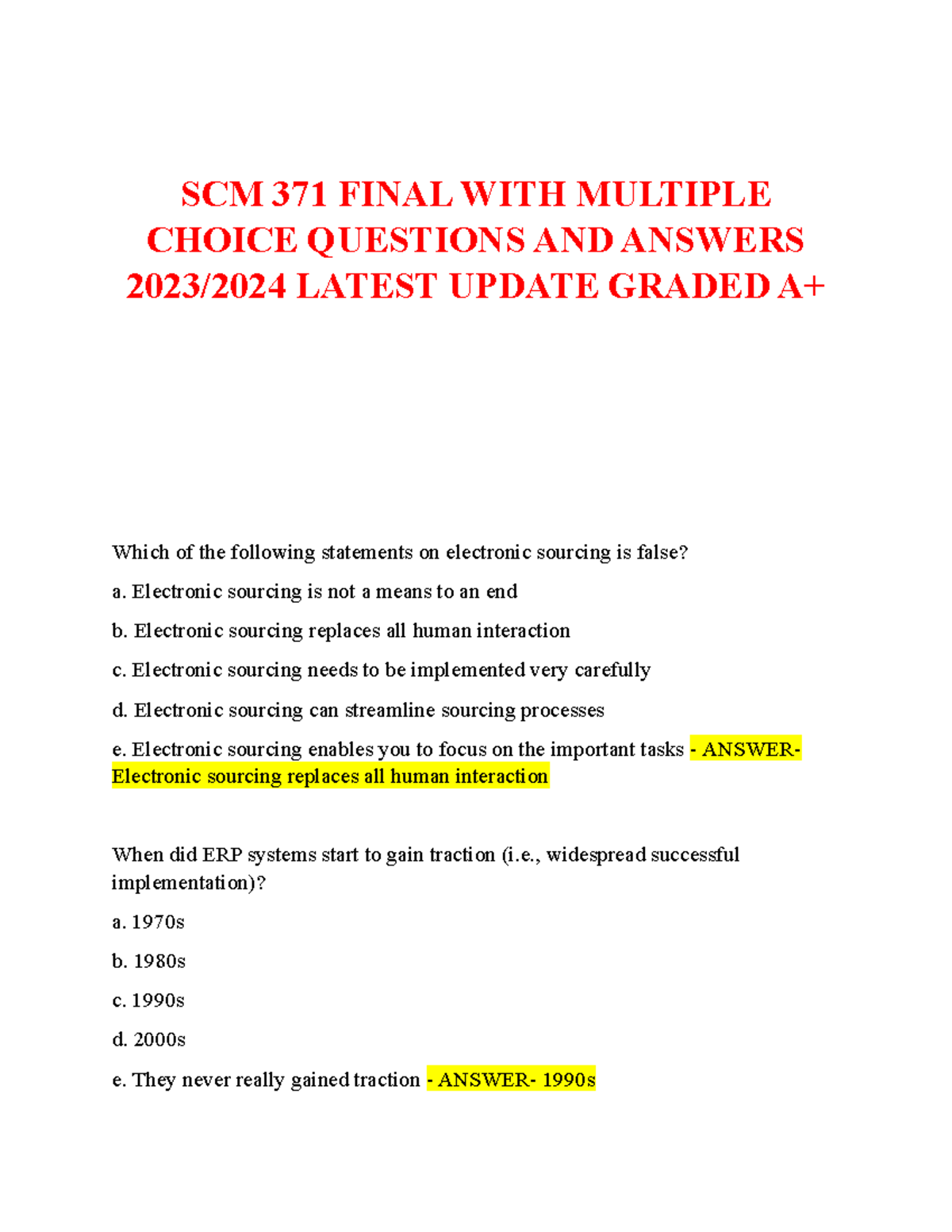 SCM 371 Final WITH Multiple Choice Questions AND Answers 2023 - SCM 371 ...