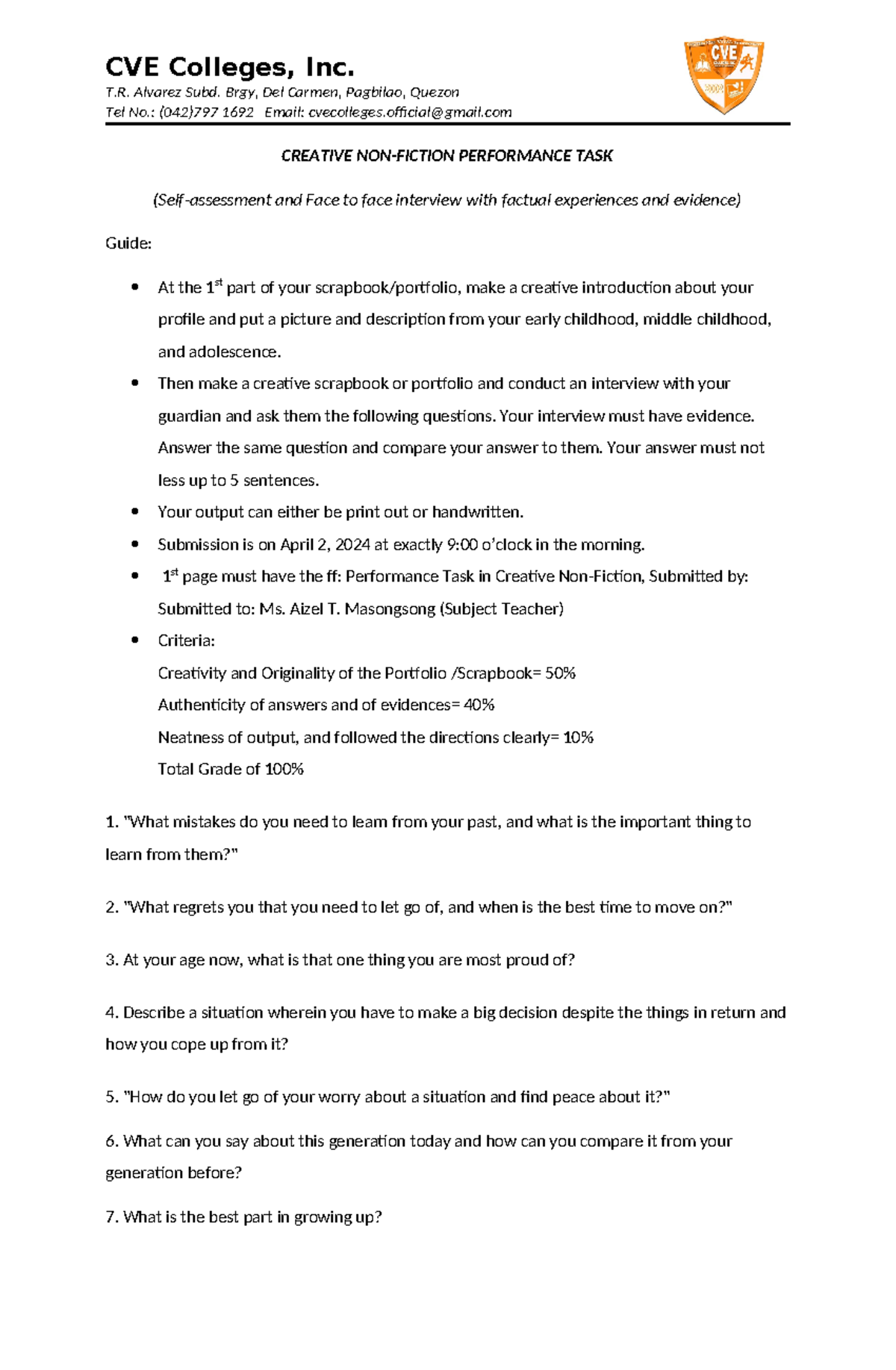 CNF- Performance TASK - CVE Colleges, Inc. T. Alvarez Subd. Brgy, Del ...