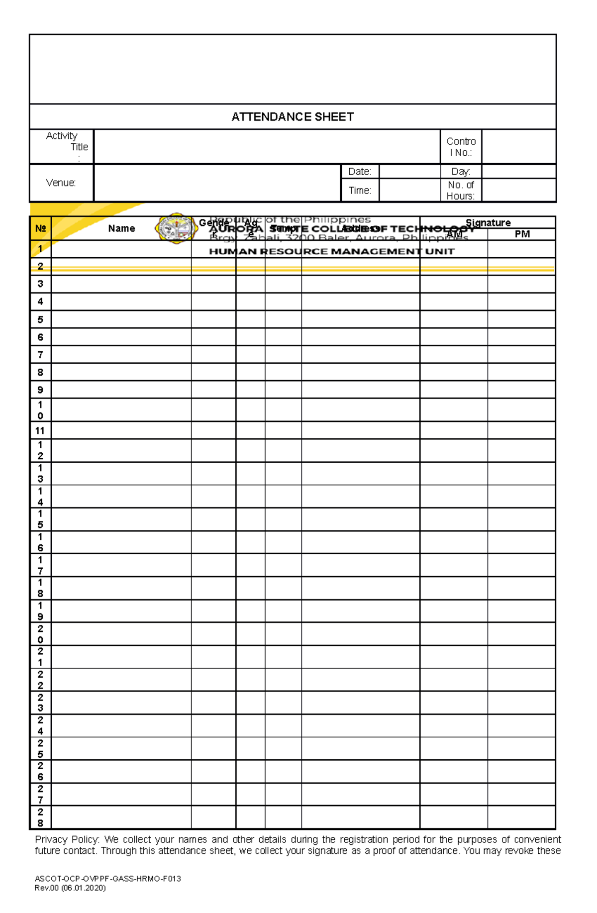 Attendance Sheet 1 1 - Note - No Name Gende r Ag e Temp Address ...