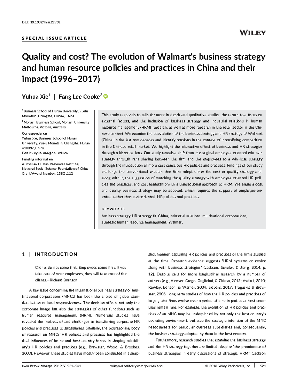 HRM Walmart business strategy HRM Xie 2019 - S P E C I A L I S S U E A ...