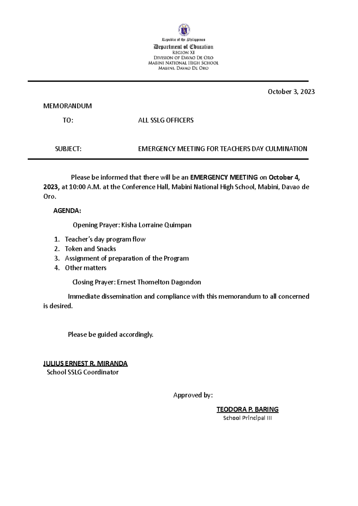 Memo-meeting - info - October 3, 2023 MEMORANDUM TO: ALL SSLG OFFICERS ...