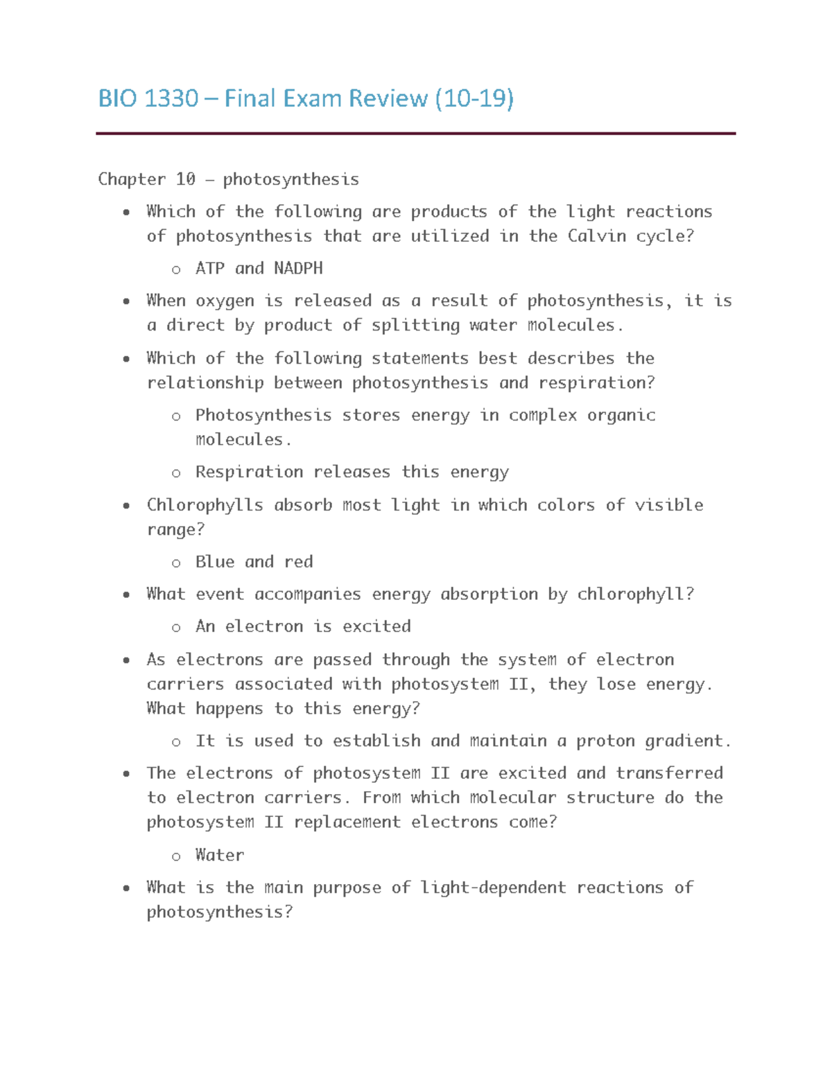 BIO 1330 final exam review ( ch 10 - 19) - Warning: TT: undefined ...