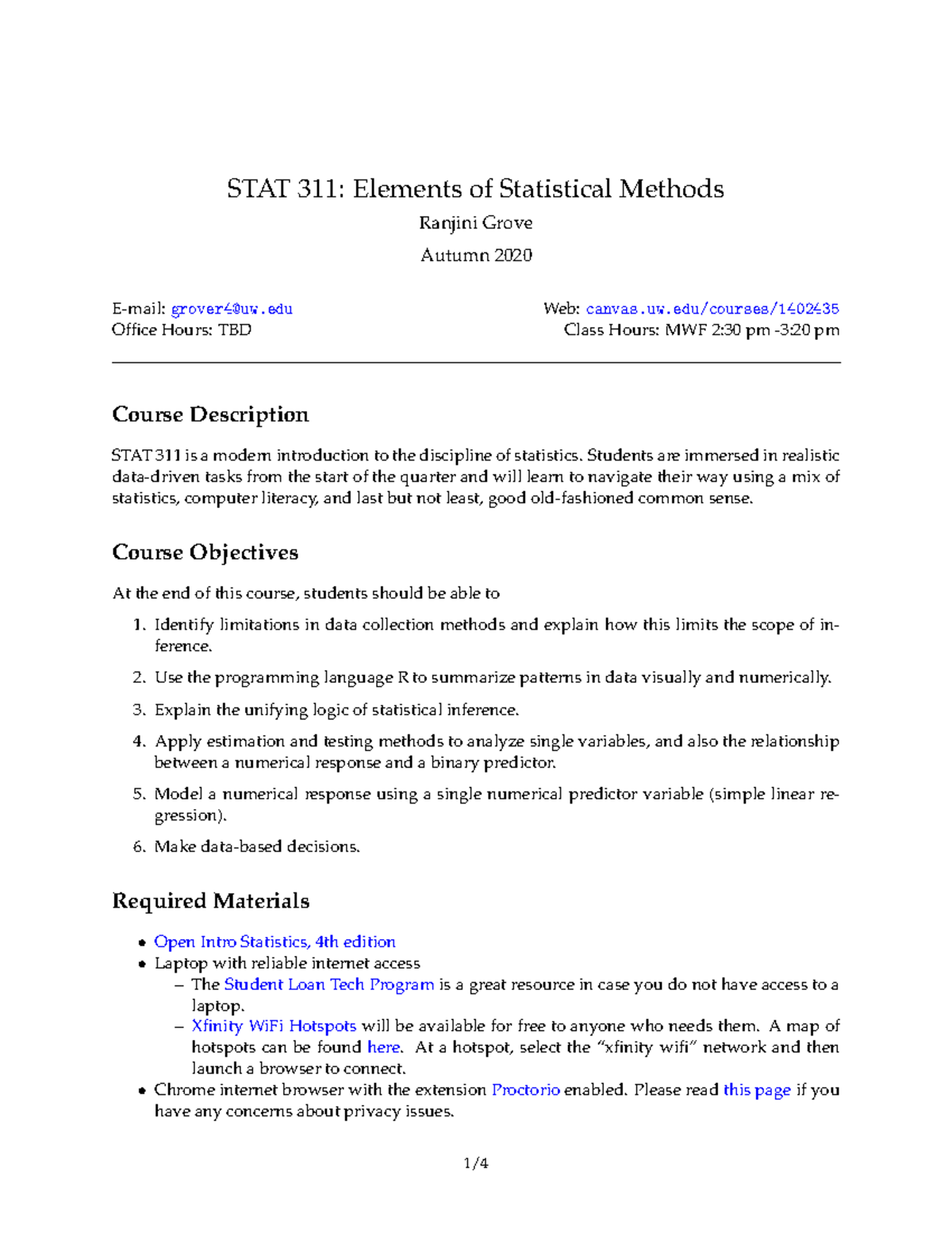 STAT 311 Grove - stat - STAT 311: Elements of Statistical Methods Ranjini Grove Autumn 2020 E ...