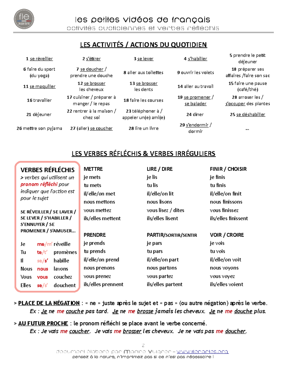 Verbes réfléchis et verbes irréguliers routine - Les petites vidéos de ...