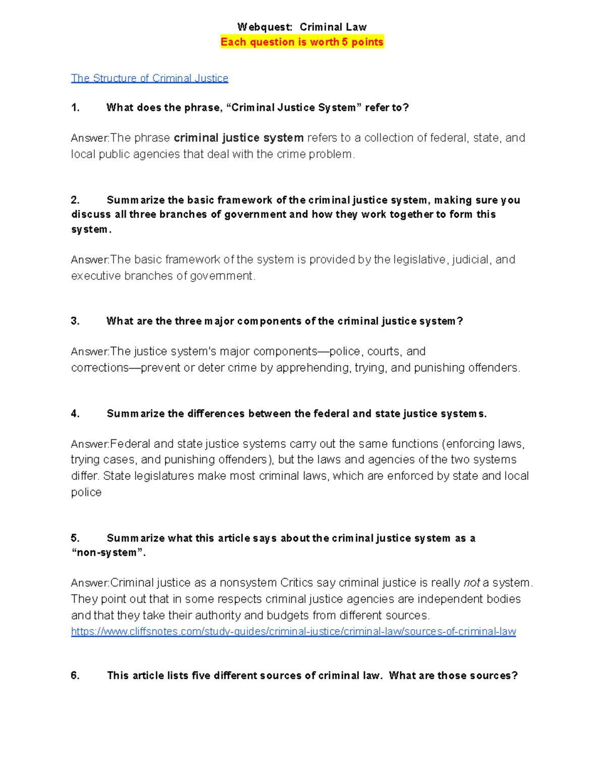 webquest criminal law - Webquest: Criminal Law Each question is worth 5 ...