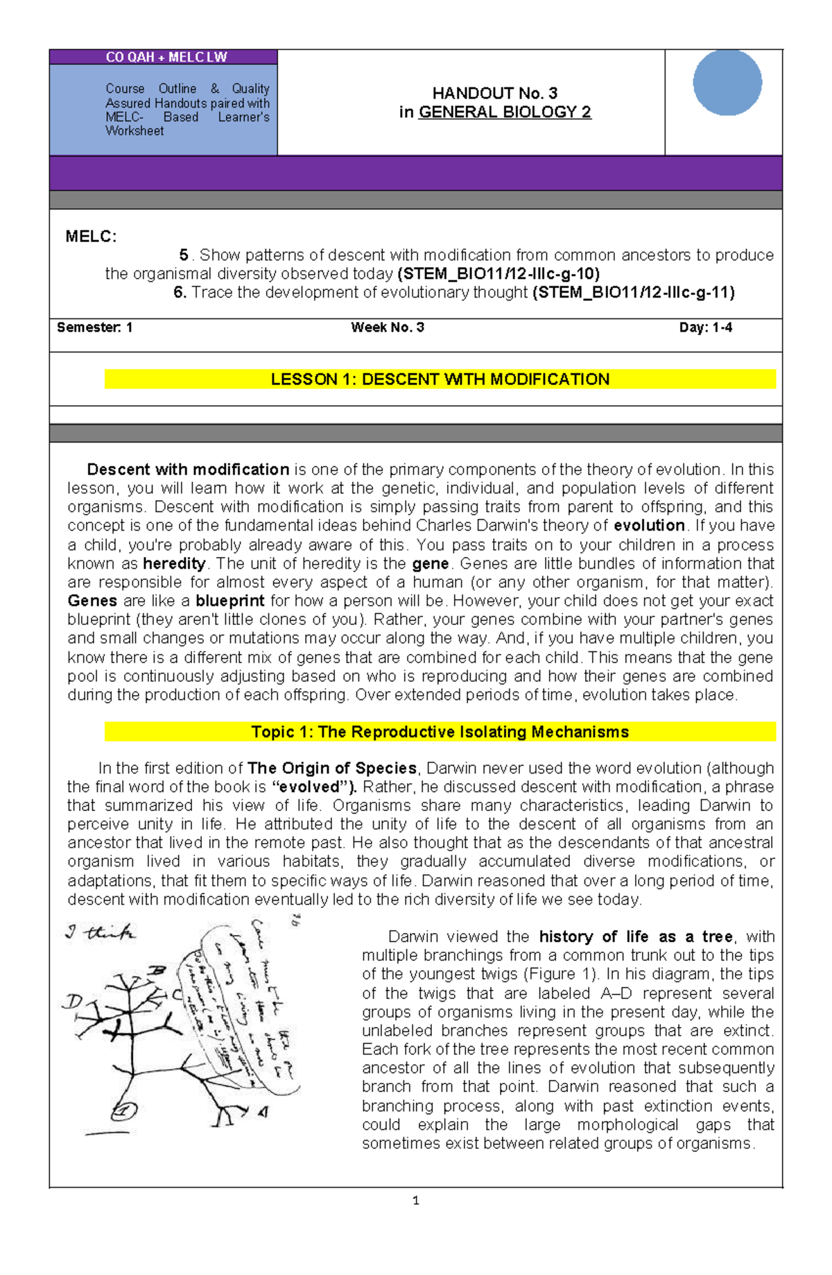 Gen.biology 2 - Notes - CO QAH + MELC LW HANDOUT No. 3 in GENERAL ...