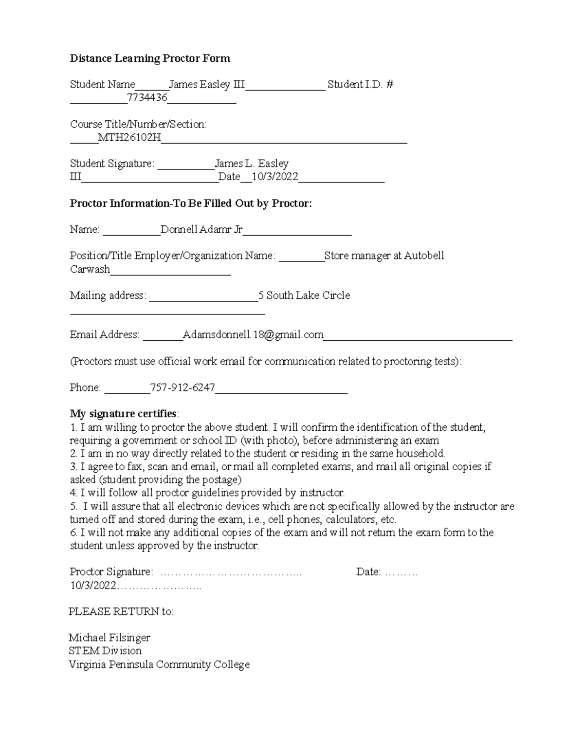 Proctor Request Form - notes - PLEASE RETURN to: Michael Filsinger STEM ...
