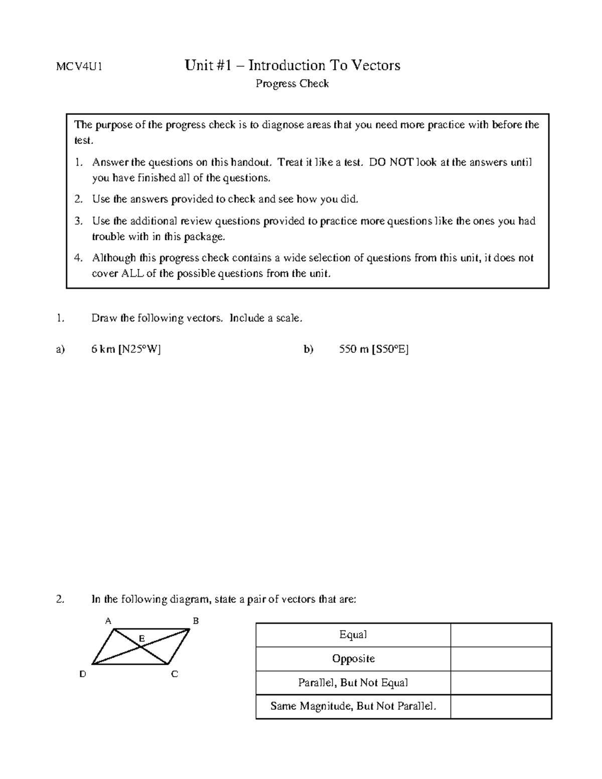 Vectors Review - MCV4U1 Unit #1 – Introduction To Vectors Progress ...