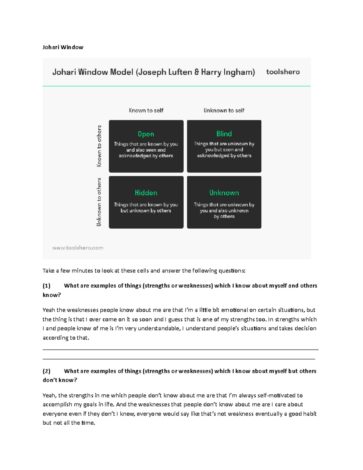 Johar Model Assignment - Johari Window Take a few minutes to look at ...
