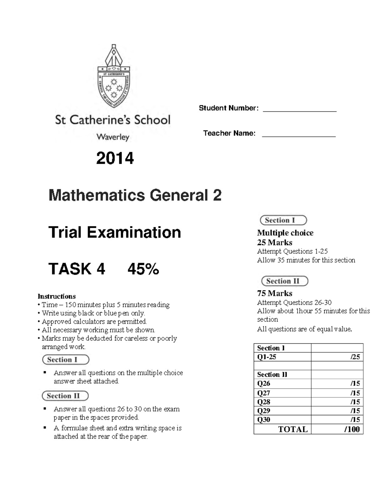 St Catherines 2014 General Maths Trials Solutions Student Number