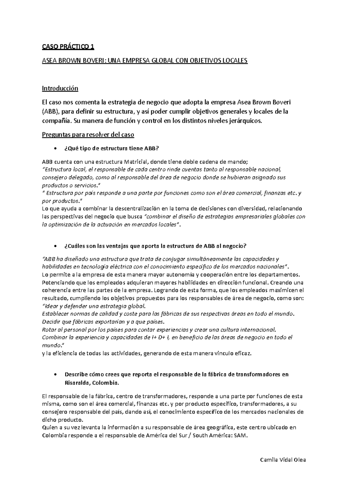 Caso Practico 1 - Camila Vidal Olea CASO PRÁCTICO 1 ASEA BROWN BOVERI: UNA EMPRESA GLOBAL CON ...