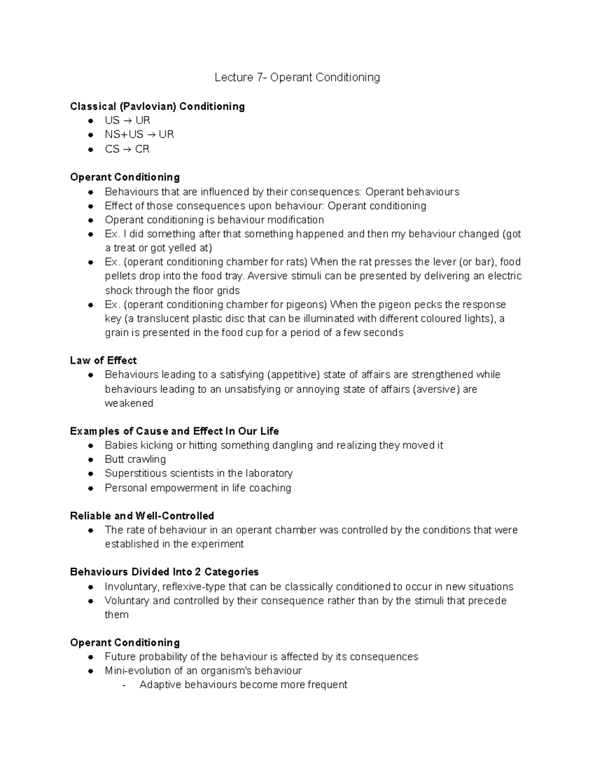 Lecture 7 Notes - Dr. Mandy Wintink - Lecture 7- Operant Conditioning ...