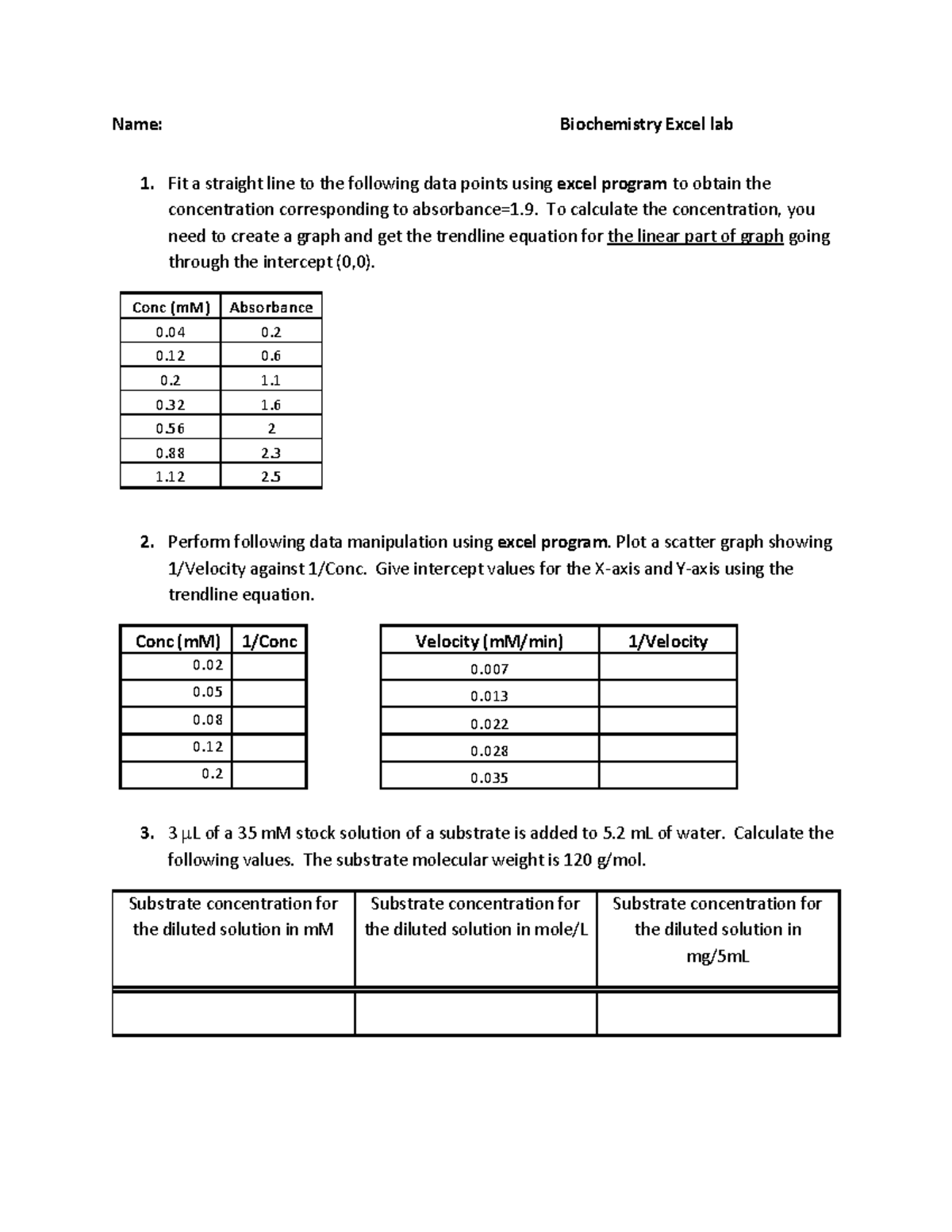 Biochemistry Excel Assignment - Name: Biochemistry Excel lab 1. Fit a ...