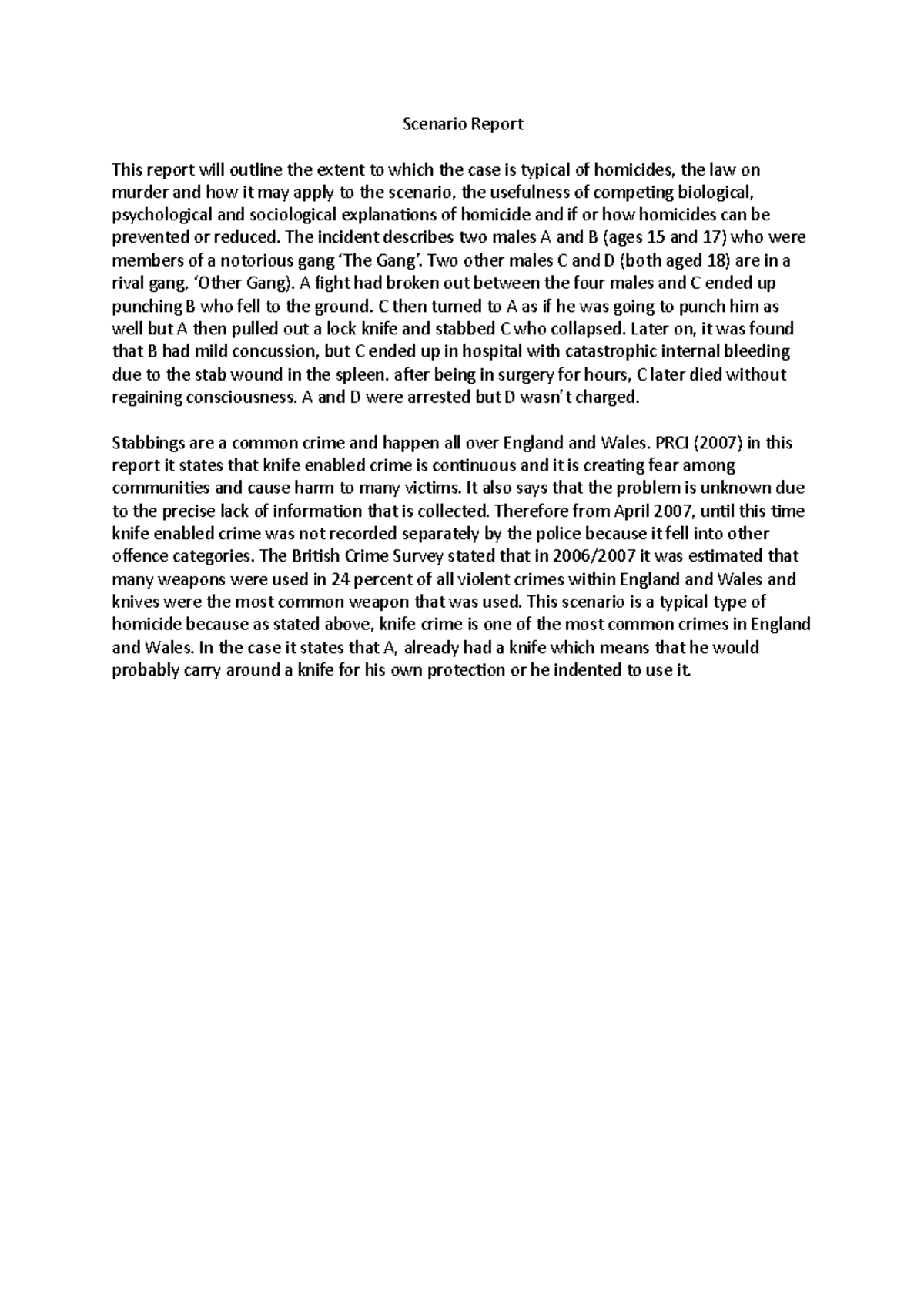 Scenario Report - Murder essay - Scenario Report This report will ...