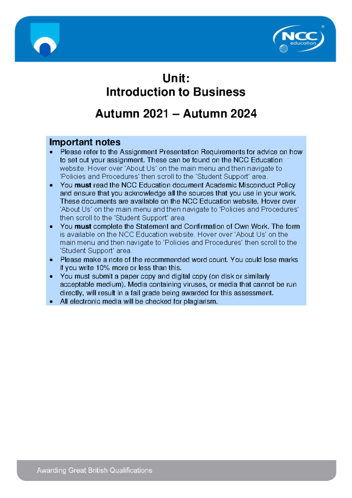 IB Assignment Autumn 2021 Autumn 2024 Final (ITB) - Unit: Introduction to Business Autumn 2021 ...