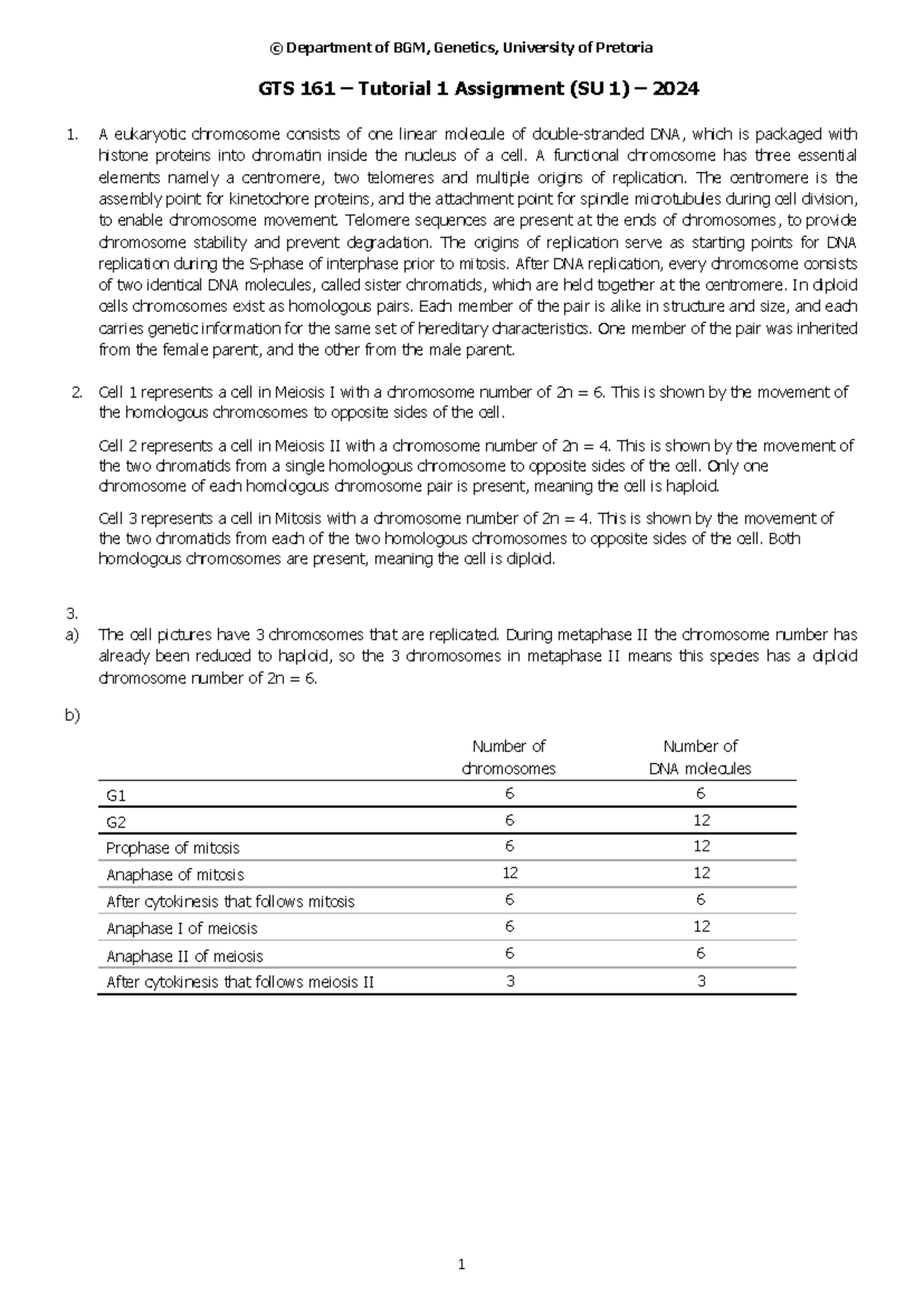 Tutorial 1 Assignment Memo 2024 - GTS 161 – Tutorial 1 Assignment (SU 1) – 2024 A eukaryotic ...