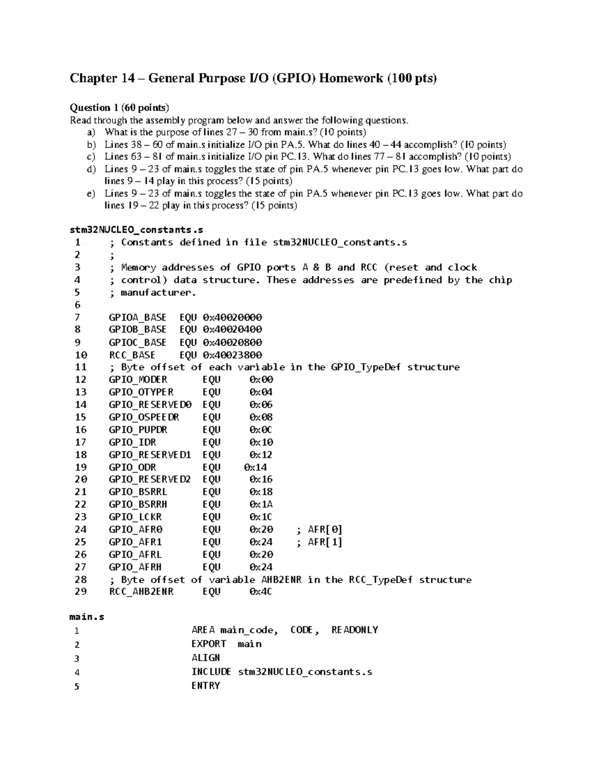 Ch 14 HW Solns - hwk - Chapter 14 – General Purpose I/O (GPIO) Homework ...
