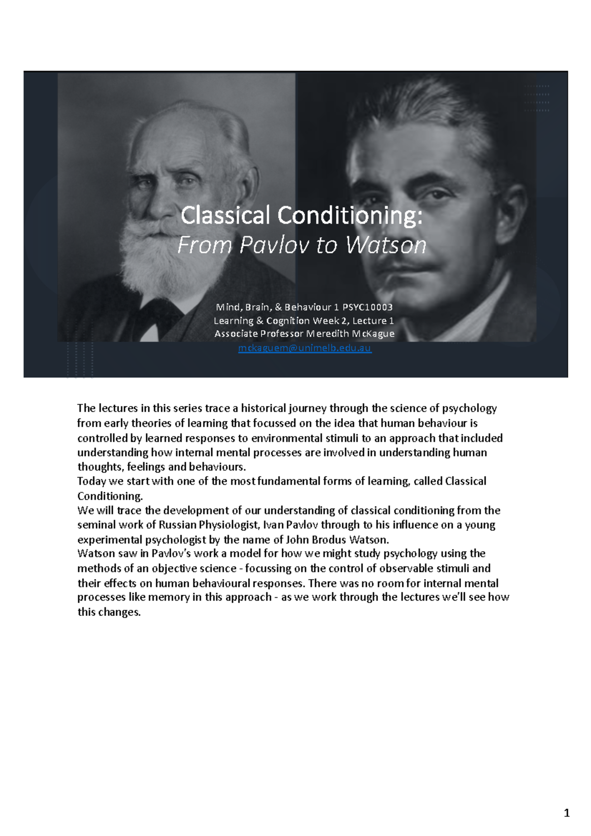 L1 Classical Conditioning 2023 - The lectures in this series trace a ...