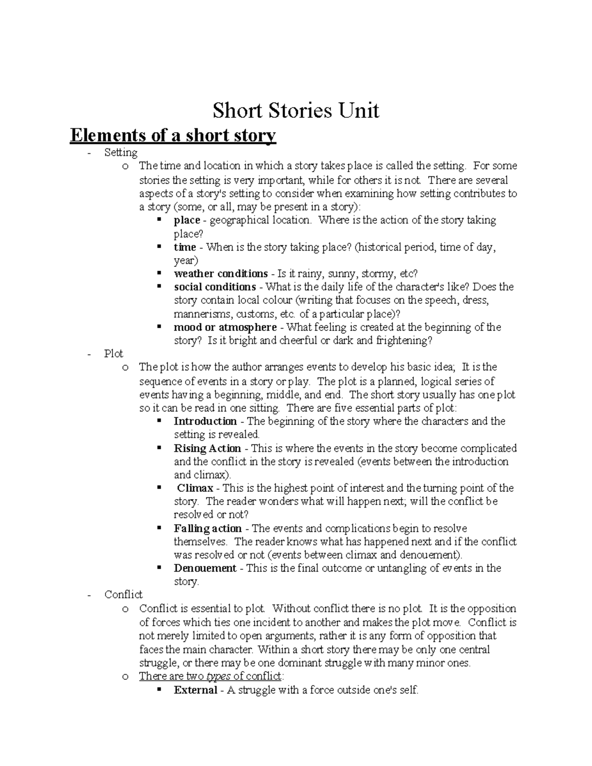 ENG4U 3U exam review - exam revision - Short Stories Unit Elements of a ...