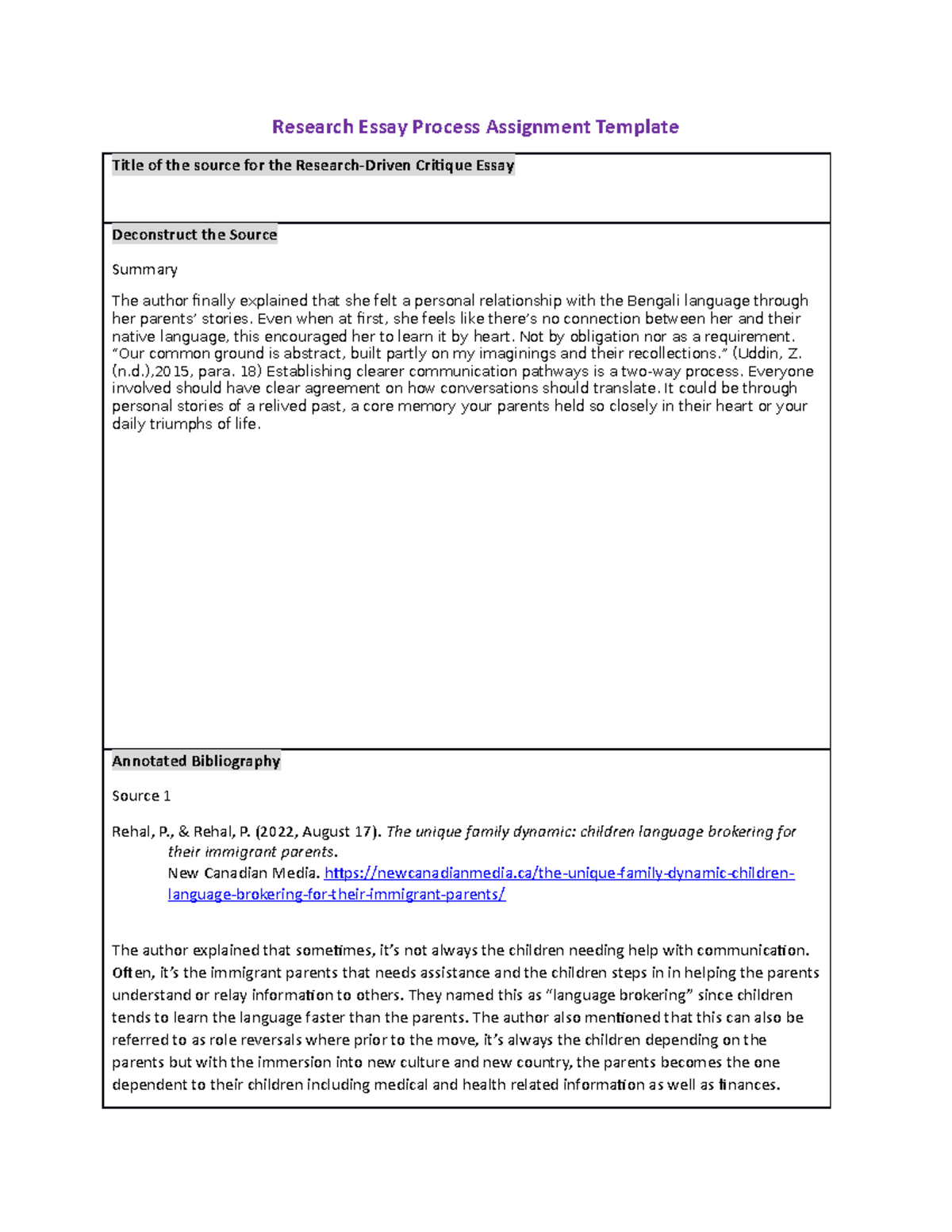 Research Essay Process Assignment Template 1 10OCT22 - Research Essay ...