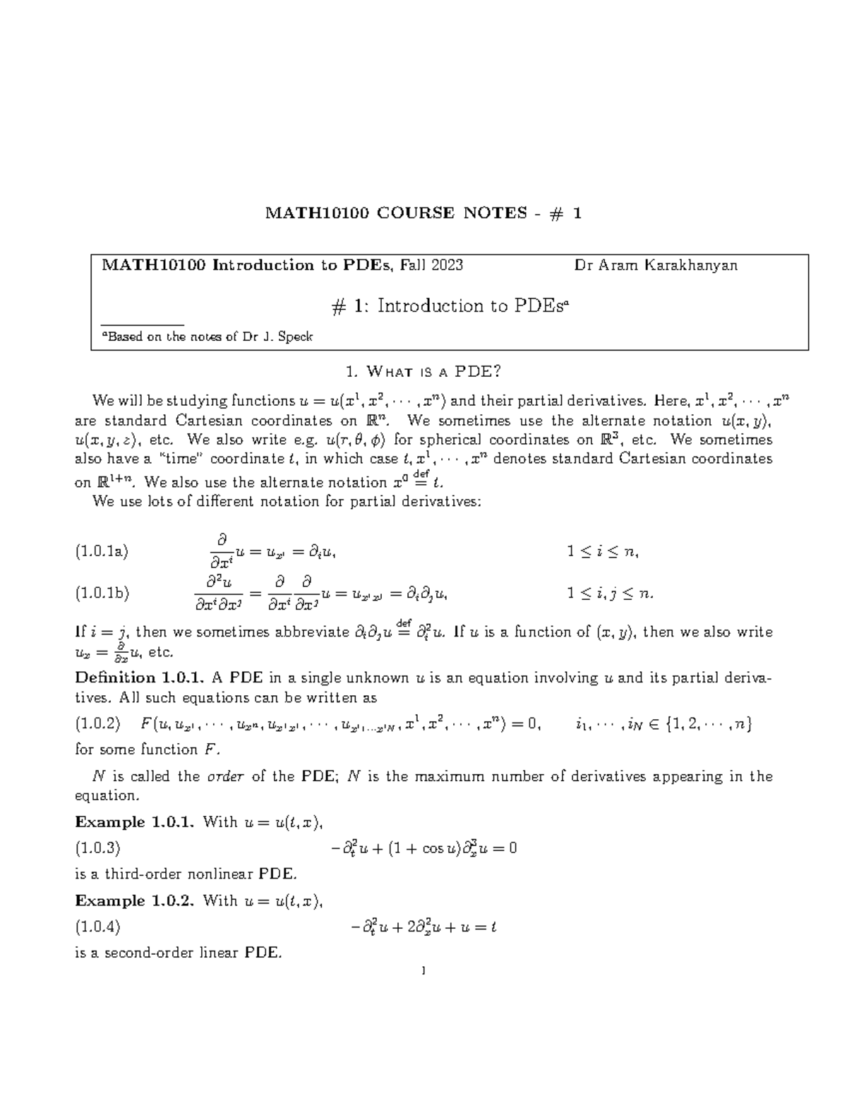 Lecture notes 1 - note - MATH10100 Introduction to PDEs, Fall 2023 Dr ...