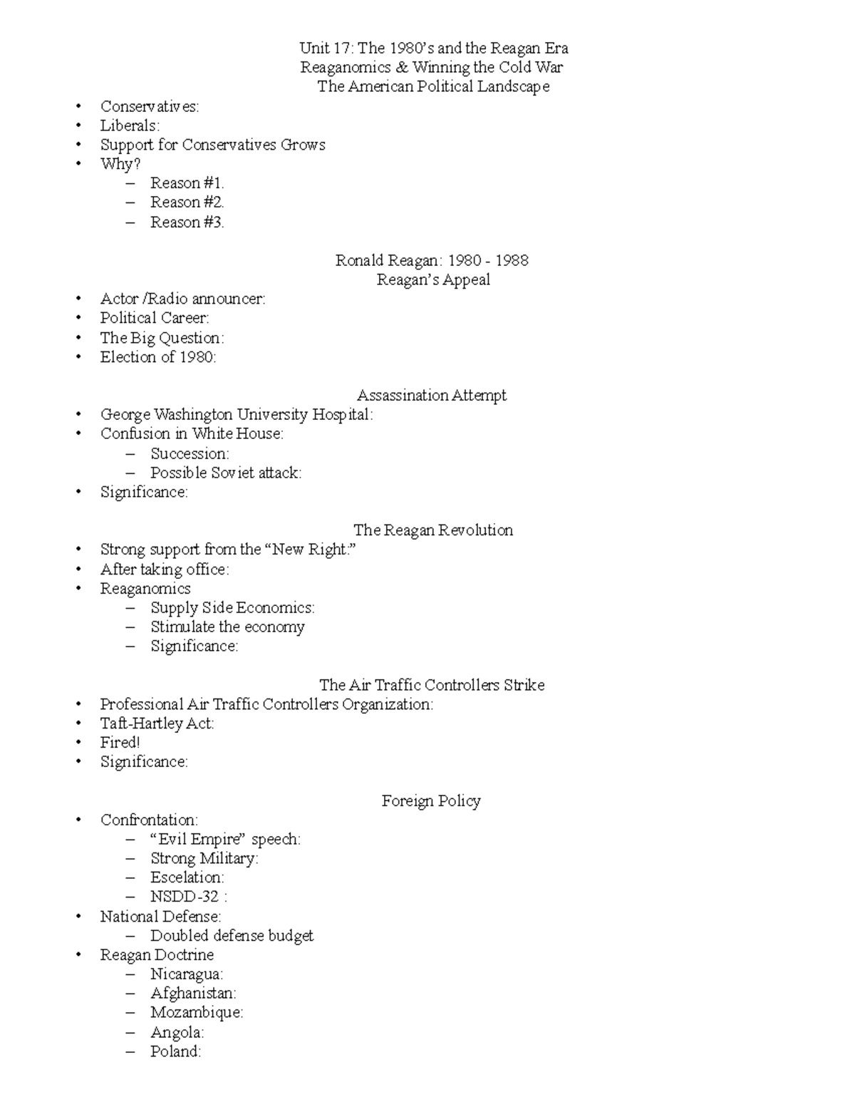Unit 17 Online Notes - Unit 17: The 1980’s and the Reagan Era ...