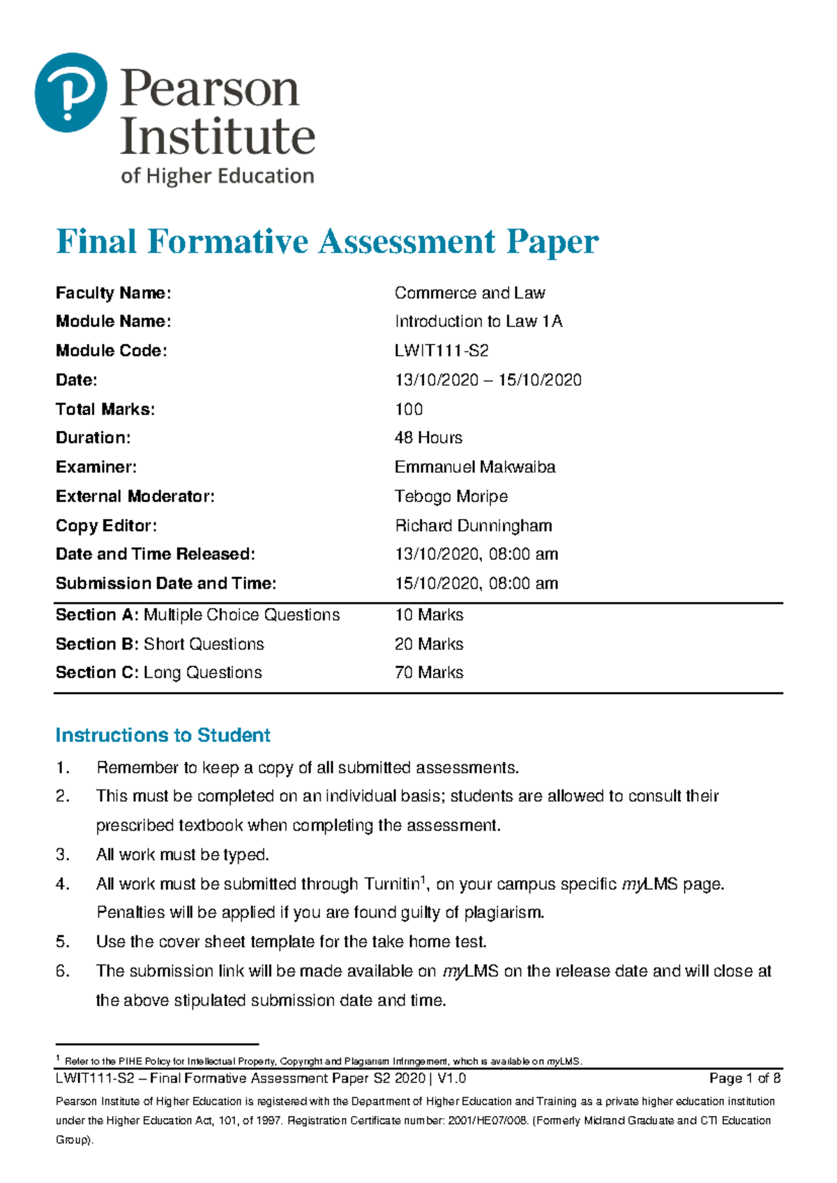 LWIT111 - Final Formative Assessment Paper S2 2020 (V1 - LWIT111-S2 ...