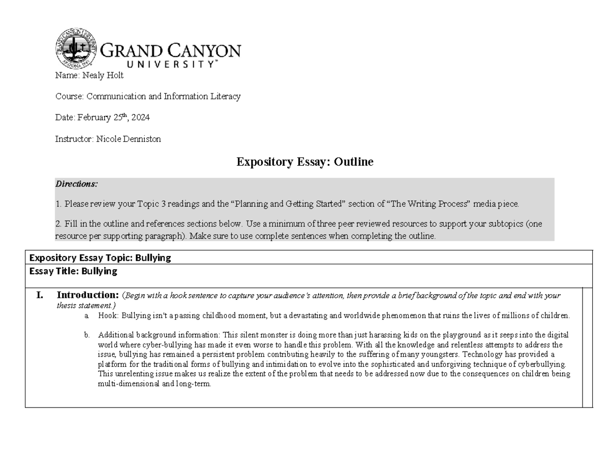 UNV 104 RS T3 Expository Essay Outline - Name: Nealy Holt Course ...