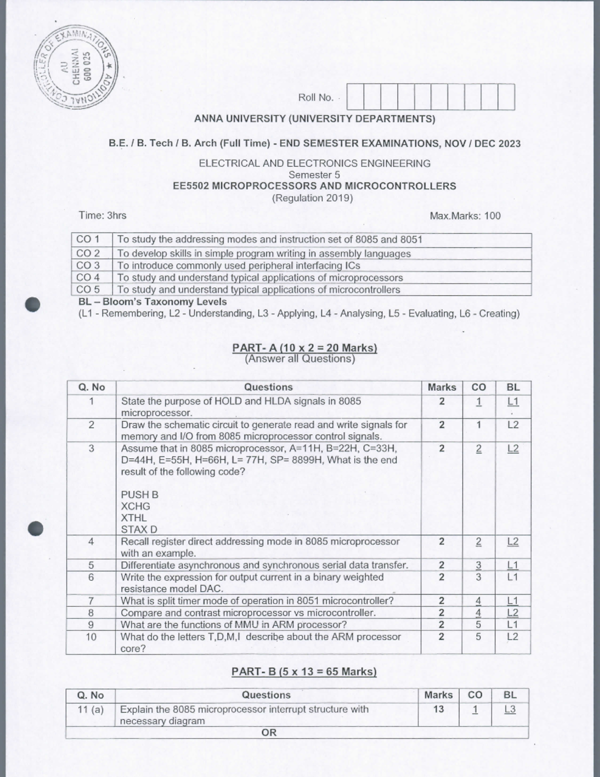 1 - question paper - EXAMINATIONS Roll No. ANNA UNIVERSITY (UNIVERSITY ...