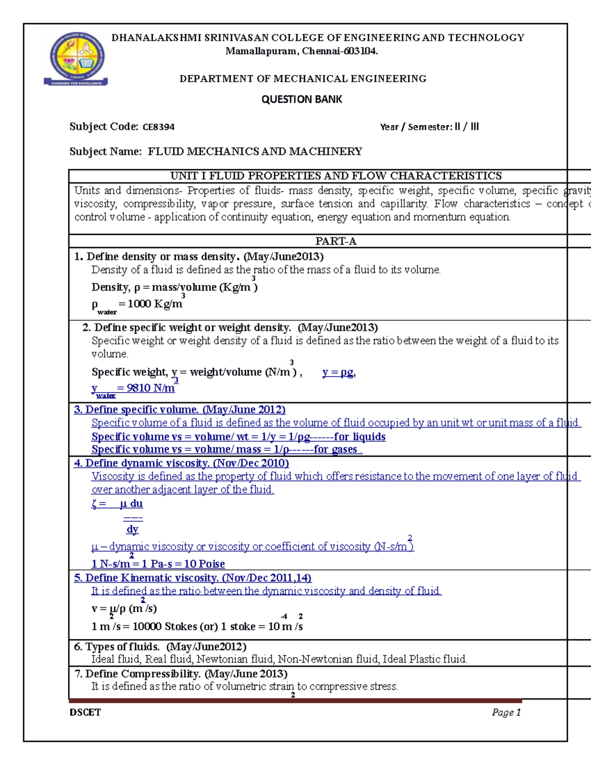 CE8394 QB - Subject Code: CE8394 Year / Semester: II / III Subject Name ...