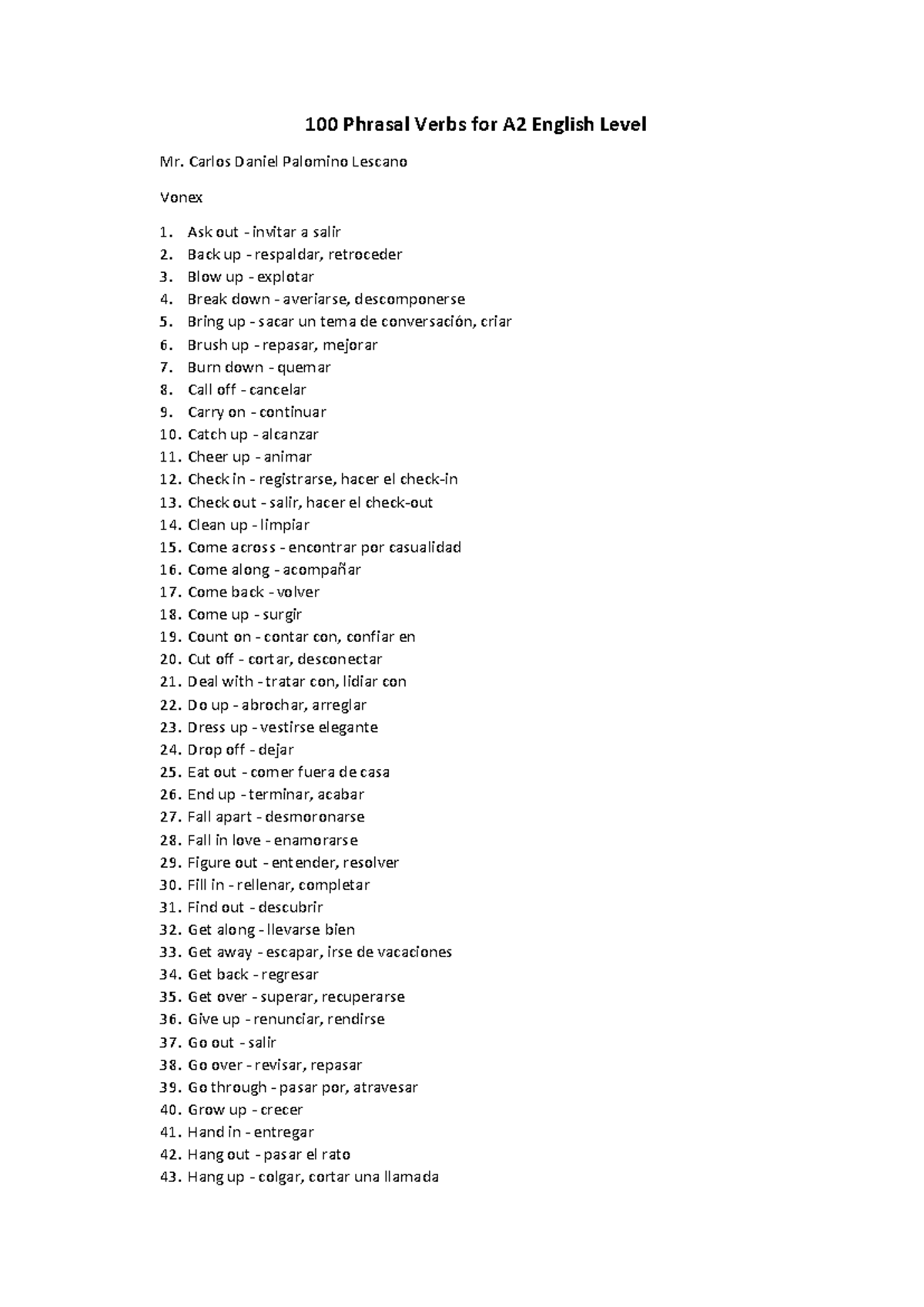 100 Phrasal Verbs for A2 English level - Carlos Daniel Palomino Lescano ...