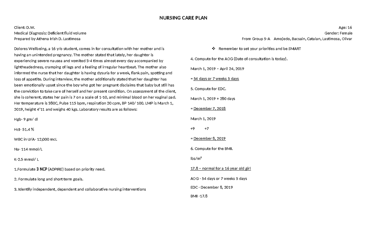 429807194 NCP for Pregnant - NURSING CARE PLAN Client: D. Age: 16 ...