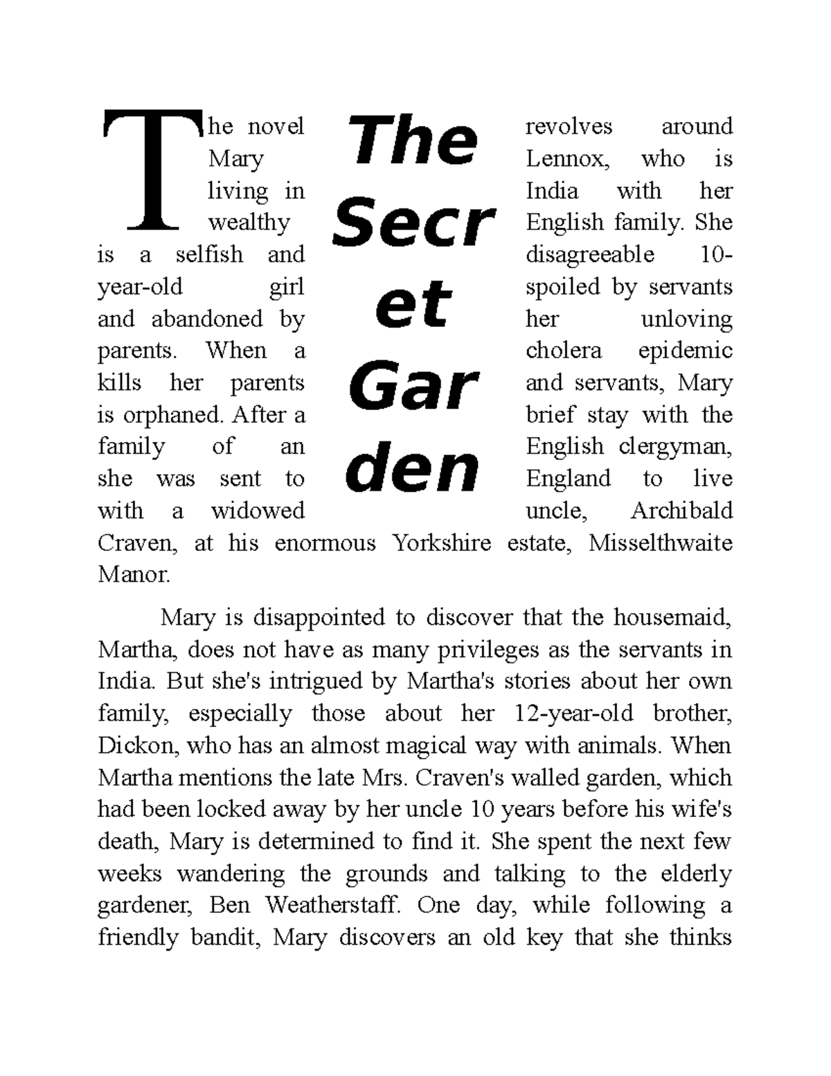 The Secret Garden - ENG - he novel revolves around Mary Lennox, who is ...